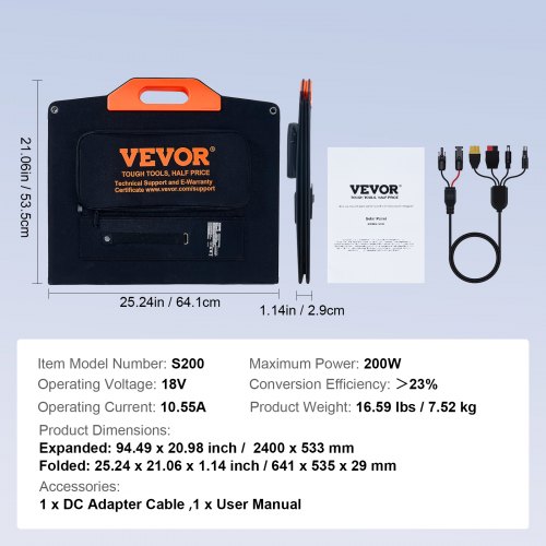 VEVOR Portable Monocrystalline Solar Panel 200W Foldable ETFE Solar ...