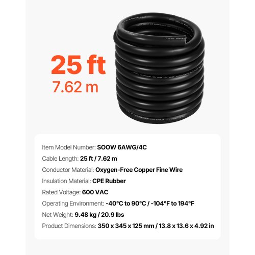 25 FT 6AWG Portable Electrical Power Cable Extension Cord Copper Wire ...