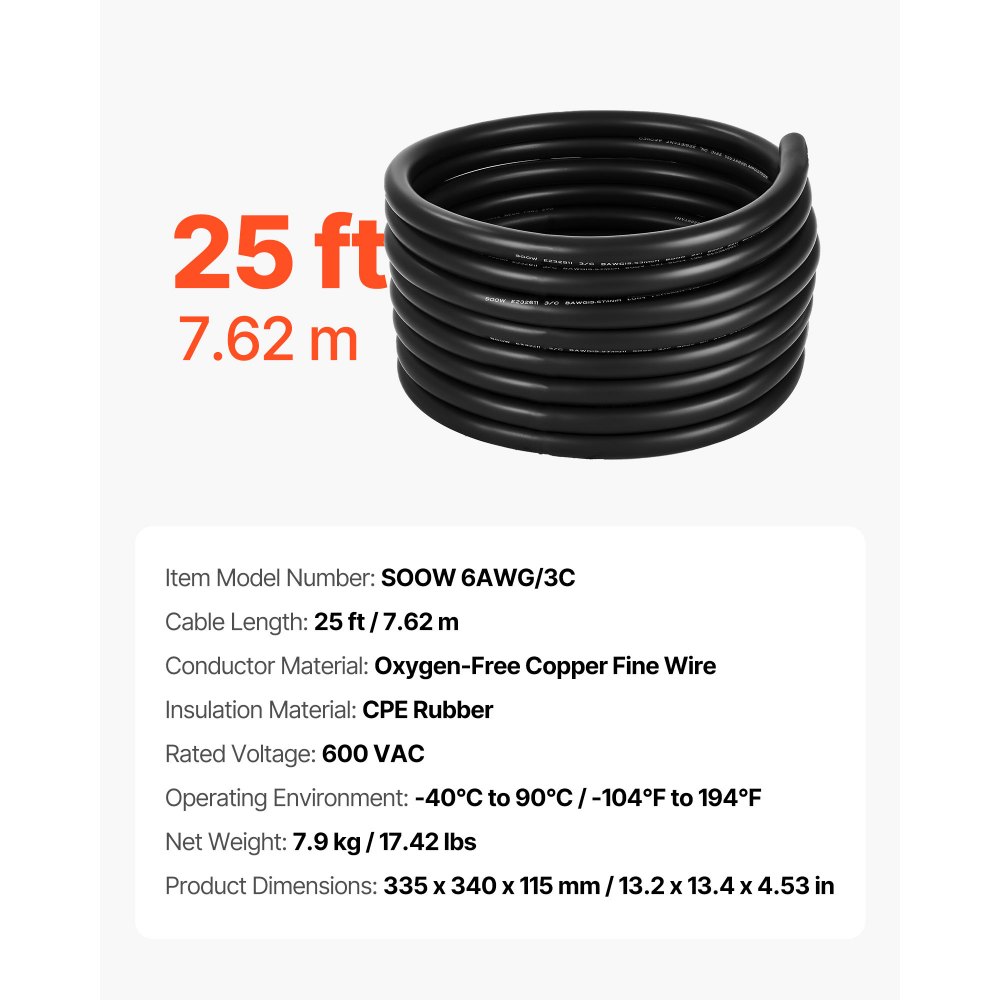 VEVOR 7.62 m 6AWG Portable Power Cable (3 Conductor), Heavy Duty 600V ...