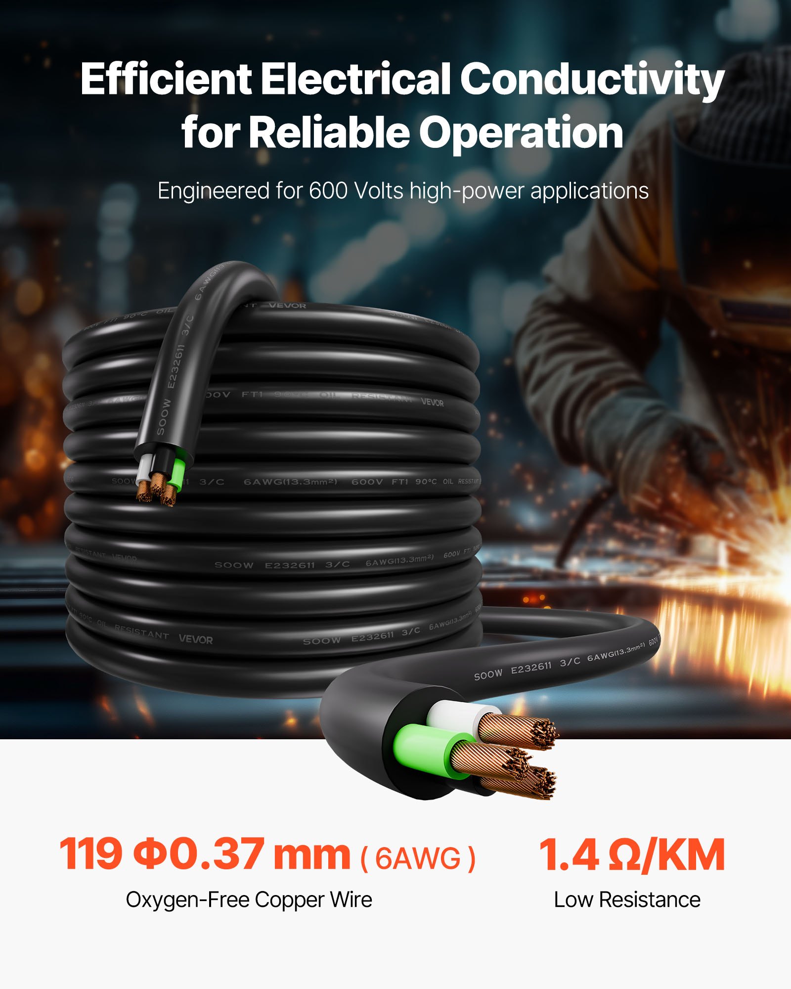 VEVOR 25 FT 6AWG Portable Power Cable (3 Conductor), Heavy Duty 600V ...