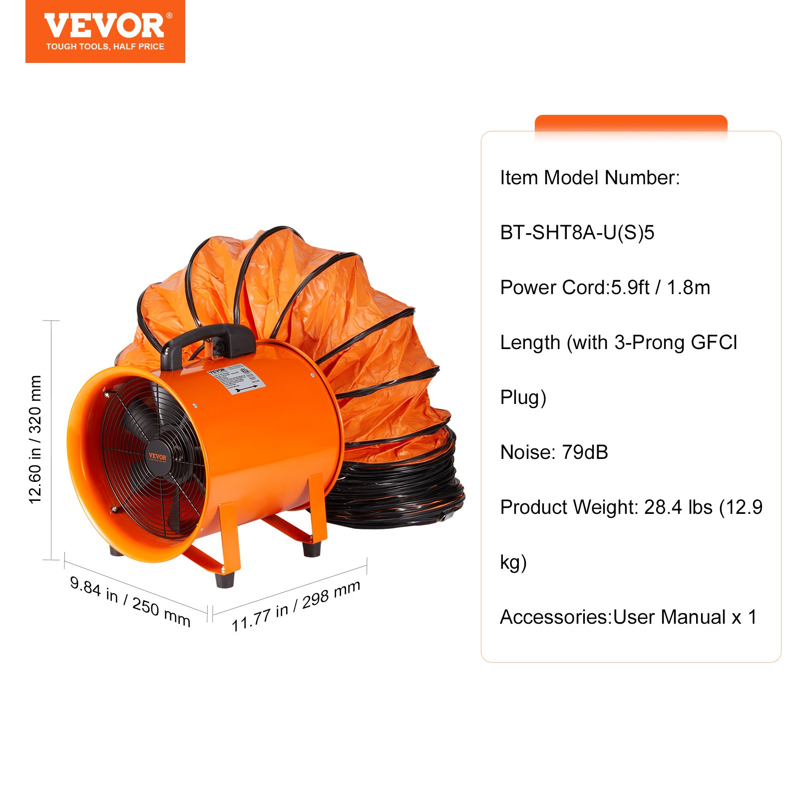 VEVOR 203.2mm Portable Extractor Fan Blower 5m Duct Hose Ventilator ...