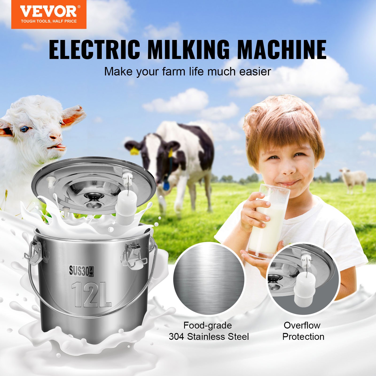 VEVOR Goat Milking Machine, 12 L 304 Stainless Steel Bucket, Electric ...