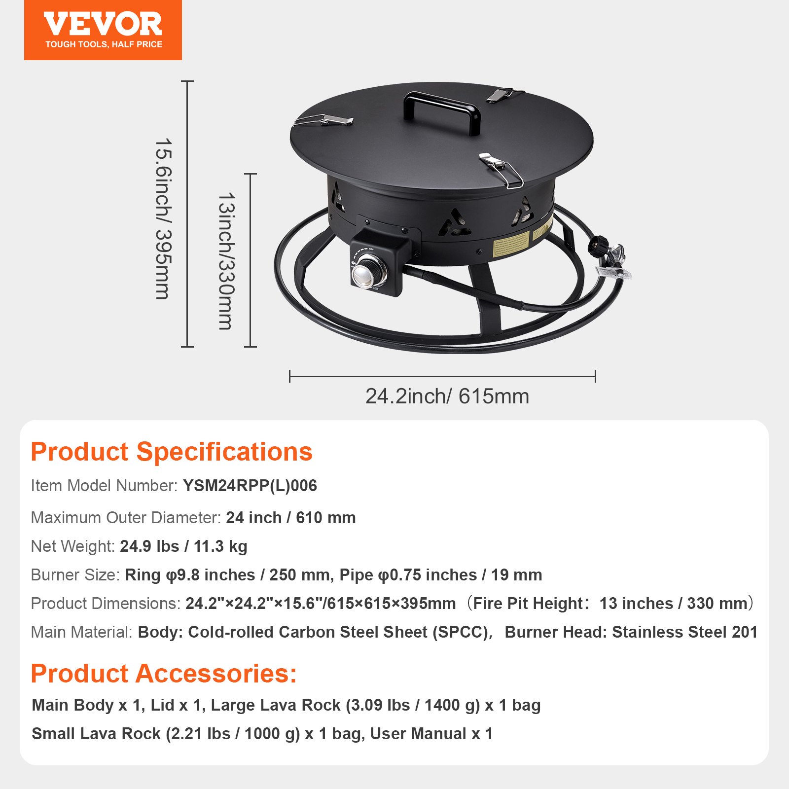 VEVOR Propane Fire Pit 24” Outdoor Portable Gas Fire Pit for Heating ...