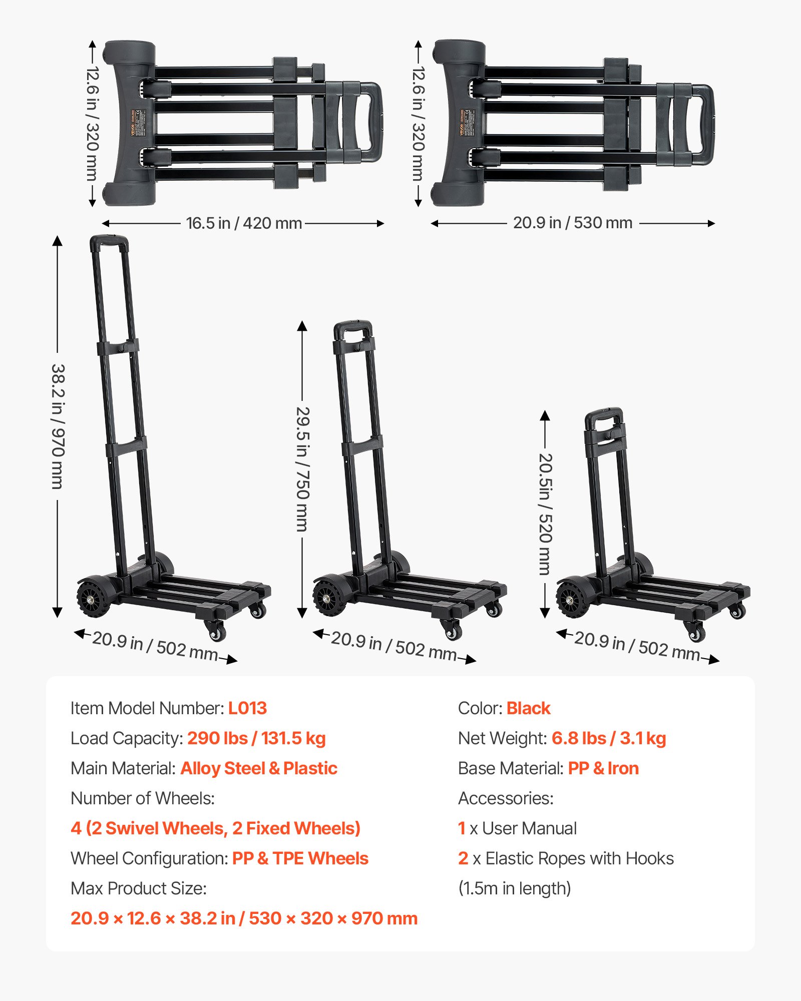 VEVOR Dolly Trolley Cart – Folding Truck, 290 lbs, 4 Wheels