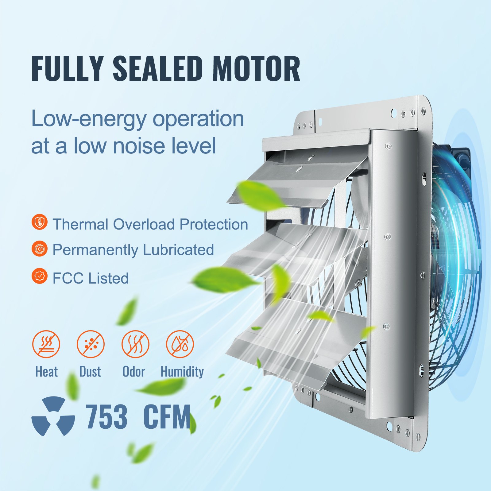 VEVOR Shutter Exhaust Fan, 254 mm High-speed 1400RPM 753 CFM, Aluminum ...