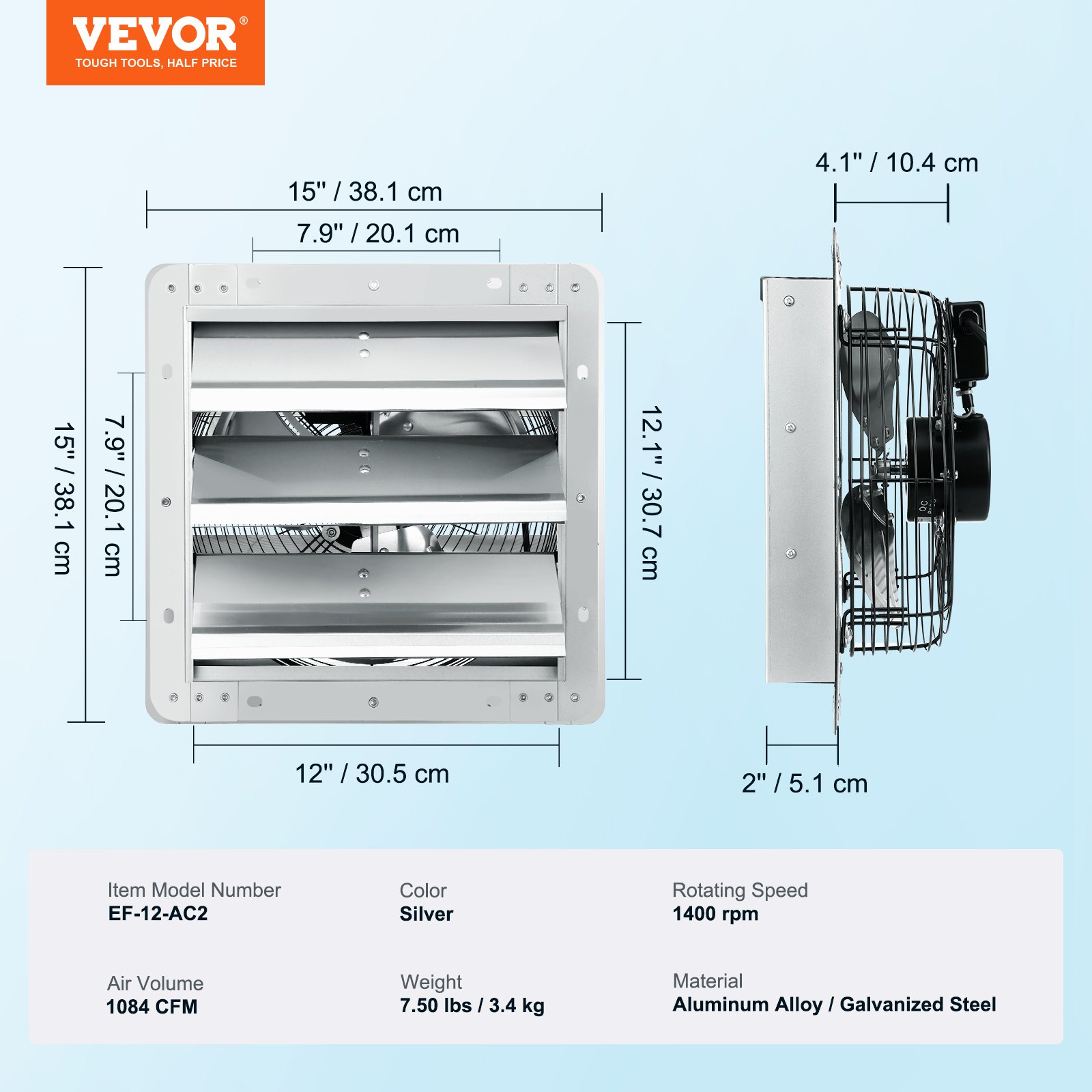 VEVOR 12'' Shutter Exhaust Fan, High-speed 1000 CFM, Aluminum Wall ...