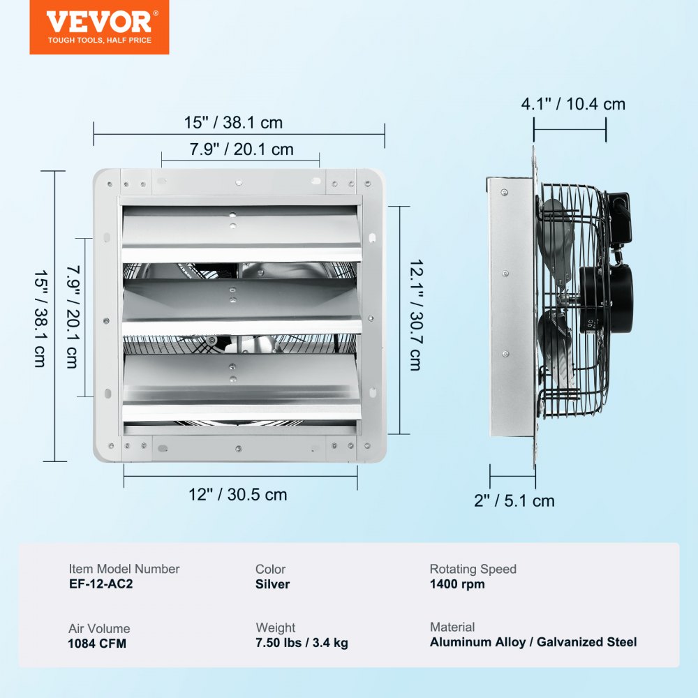 VEVOR Shutter Exhaust Fan, 305 mm High-speed 1400RPM 1084 CFM, Aluminum ...
