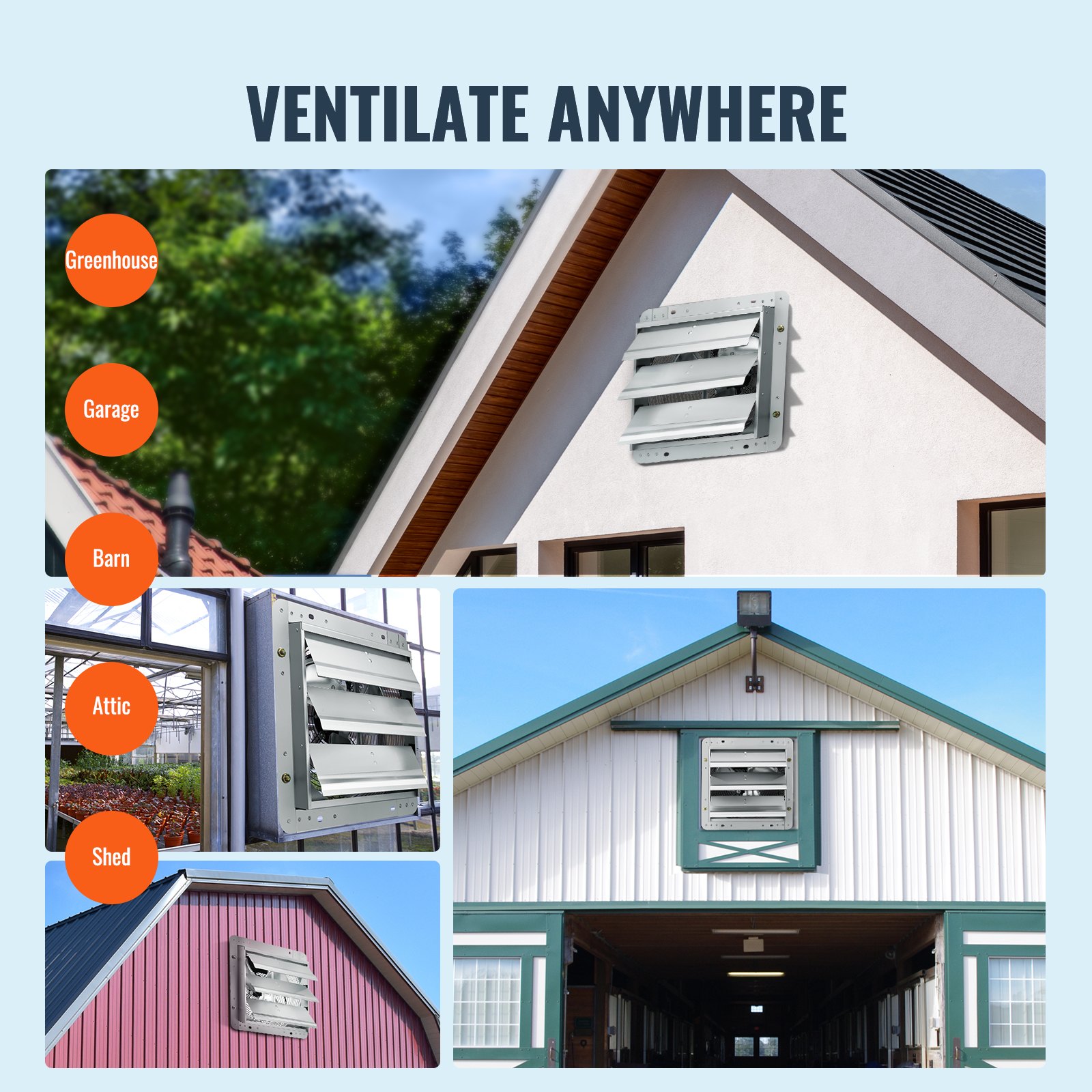 VEVOR Shutter Exhaust Fan, 305 mm High-speed 1400RPM 1084 CFM, Aluminum ...