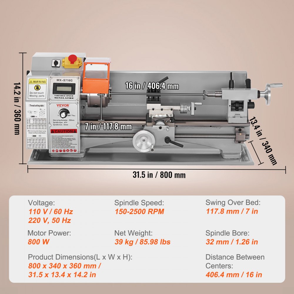 VEVOR Mini Metal Lathe Machine, 7'' x 16'', 800W Precision Benchtop ...