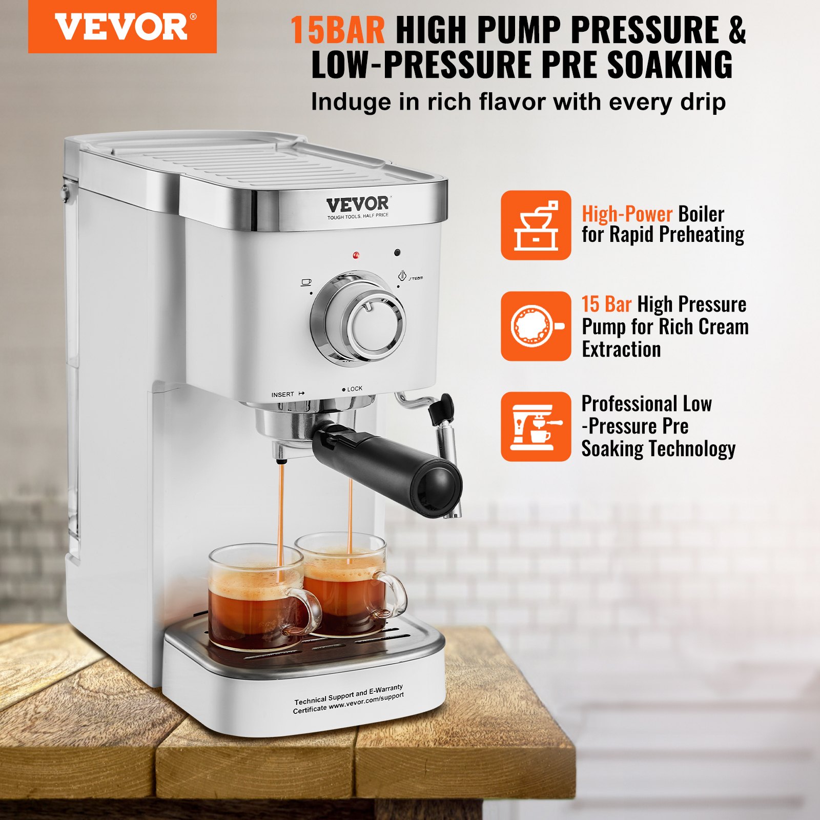 VEVOR Espresso Coffee Machine, 15Bar Semi-Automatic Espresso Maker with ...
