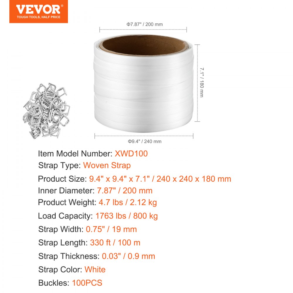 VEVOR Packaging Woven Strapping Roll 3/4" x 0.03" x 330' Banding Strap ...