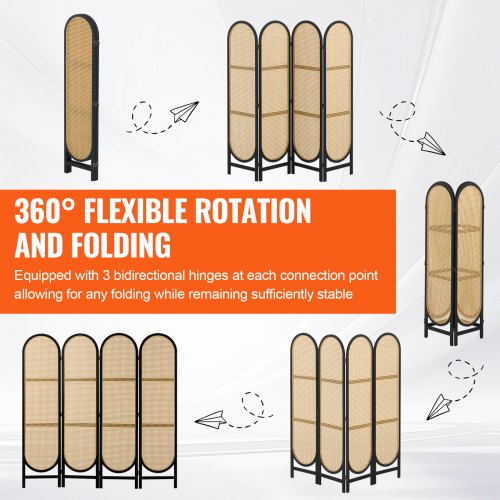 VEVOR 4 Panel Room Divider, Hand-Woven Rattan Folding Privacy Screens ...