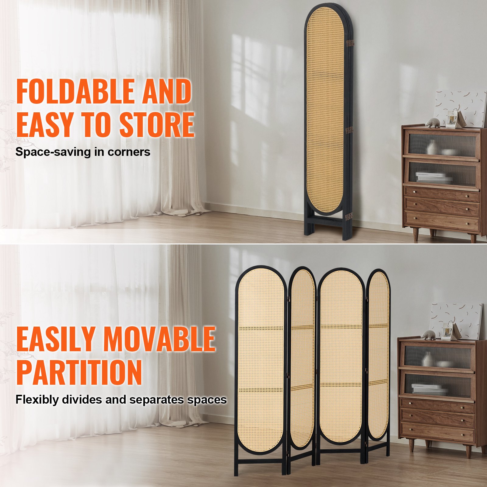 VEVOR 4 Panel Room Divider, Hand-Woven Rattan Folding Privacy Screens ...
