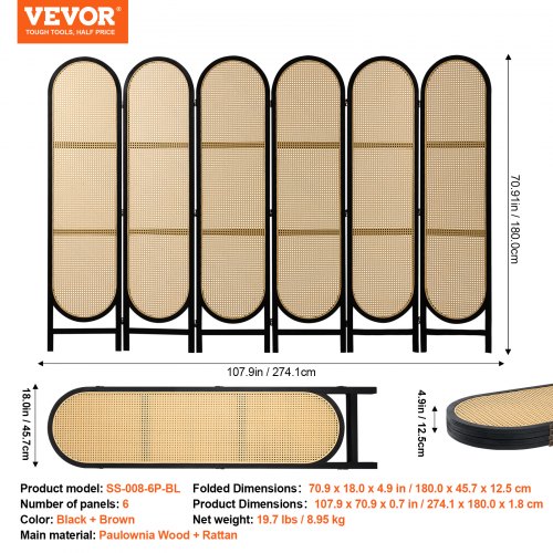 VEVOR 6 Panel Room Divider, Hand-Woven Rattan Folding Privacy Screens ...
