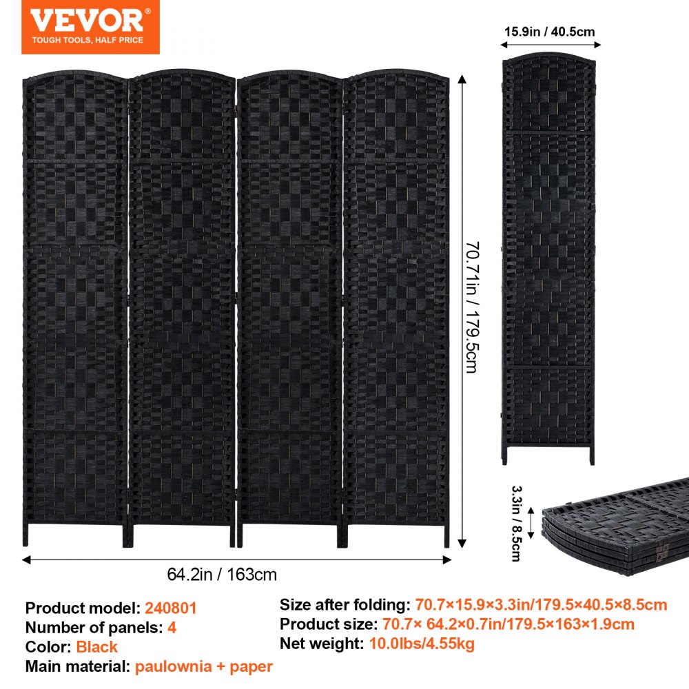 4 Panel Room Divider Hand-Woven Folding Privacy Screen with Hinges ...