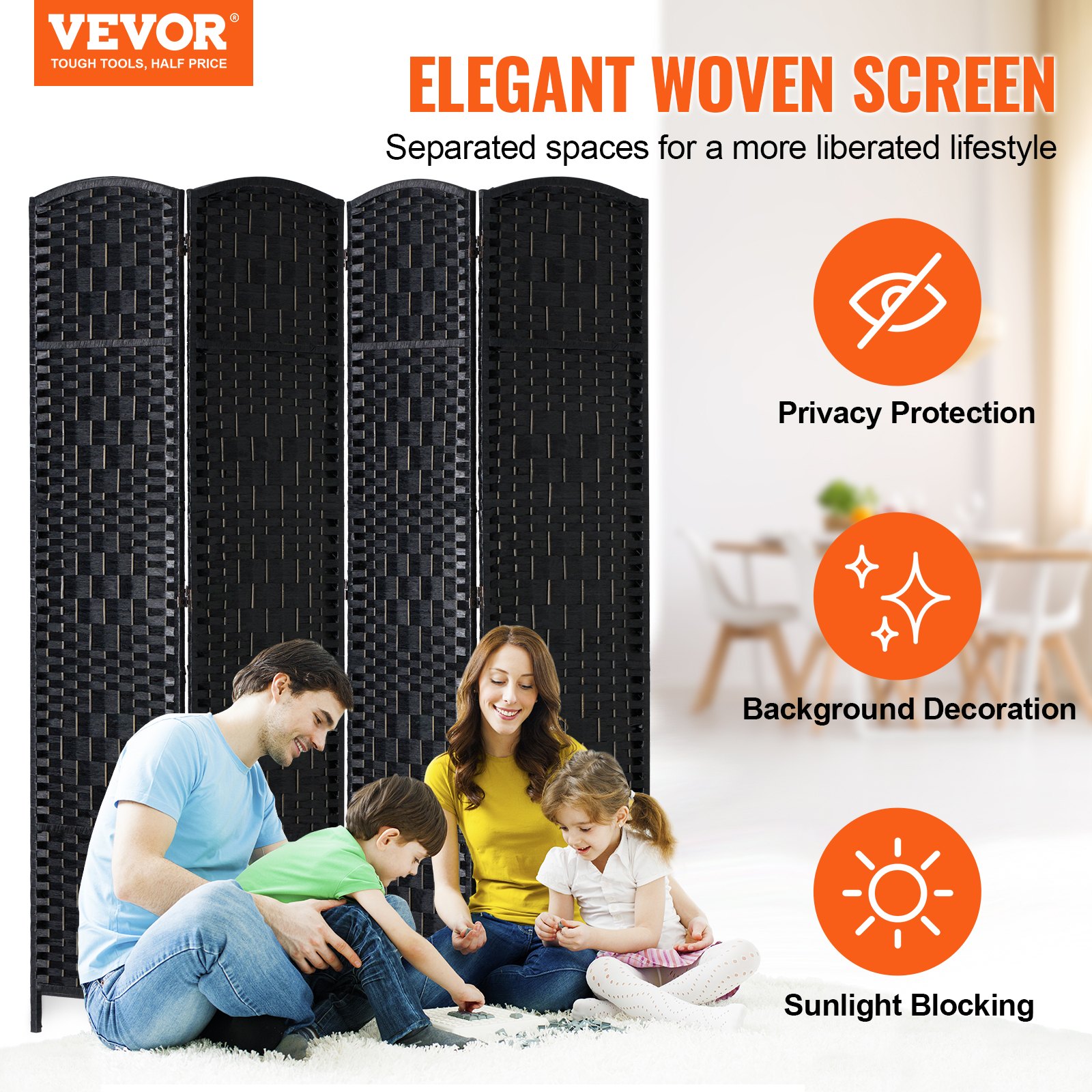 4 Panel Room Divider Hand-Woven Folding Privacy Screen with Hinges ...