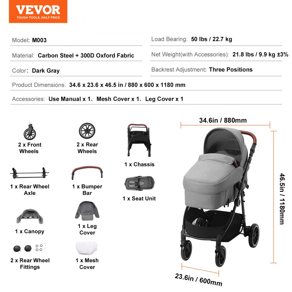 VEVOR Standard Baby Stroller, Infant Toddler Stroller with Bassinet ...