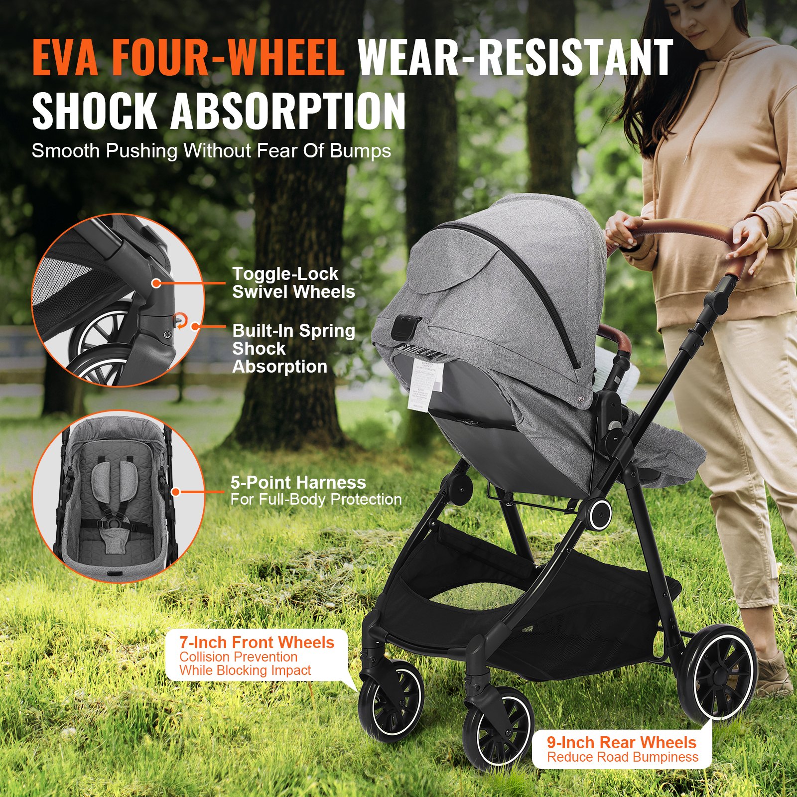 VEVOR Standard Baby Stroller, Infant Toddler Stroller with Bassinet ...