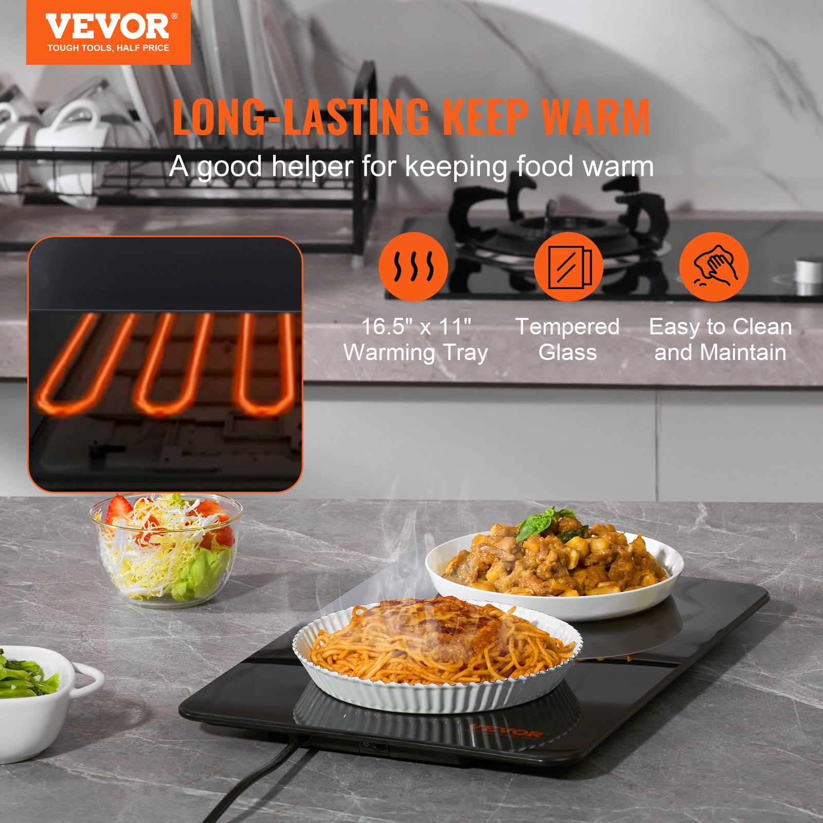 VEVOR Electric Warming Tray, 16.5" x 11" Portable Tempered Glass ...