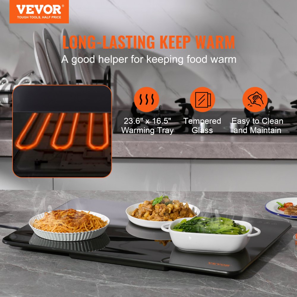 VEVOR Electric Warming Tray, 16.5" x 23.6" Portable Tempered Glass ...