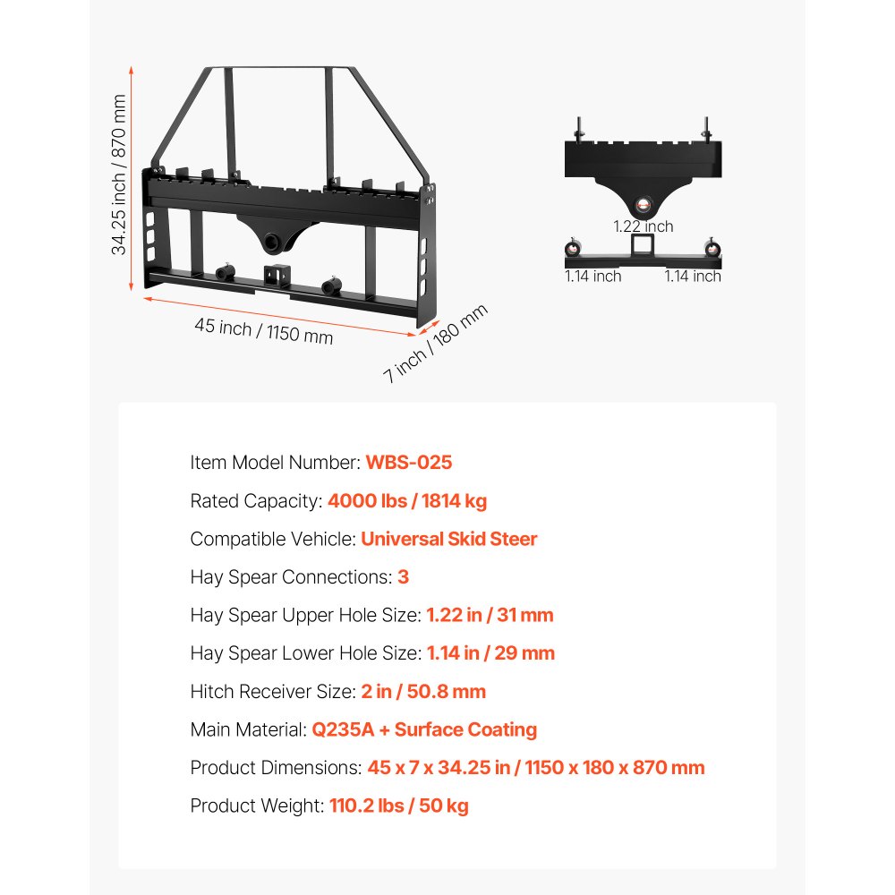 VEVOR Skid Steer Fork Frame – 4000 Lbs, 45 Inch Width