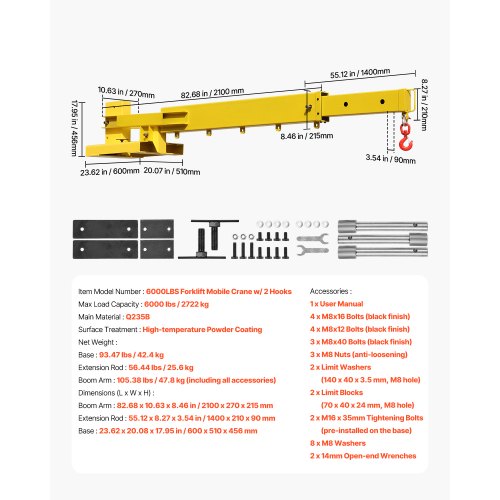 Adjustable Forklift Jib Boom Crane 6000lbs Forklift Mobile Crane with 2 ...