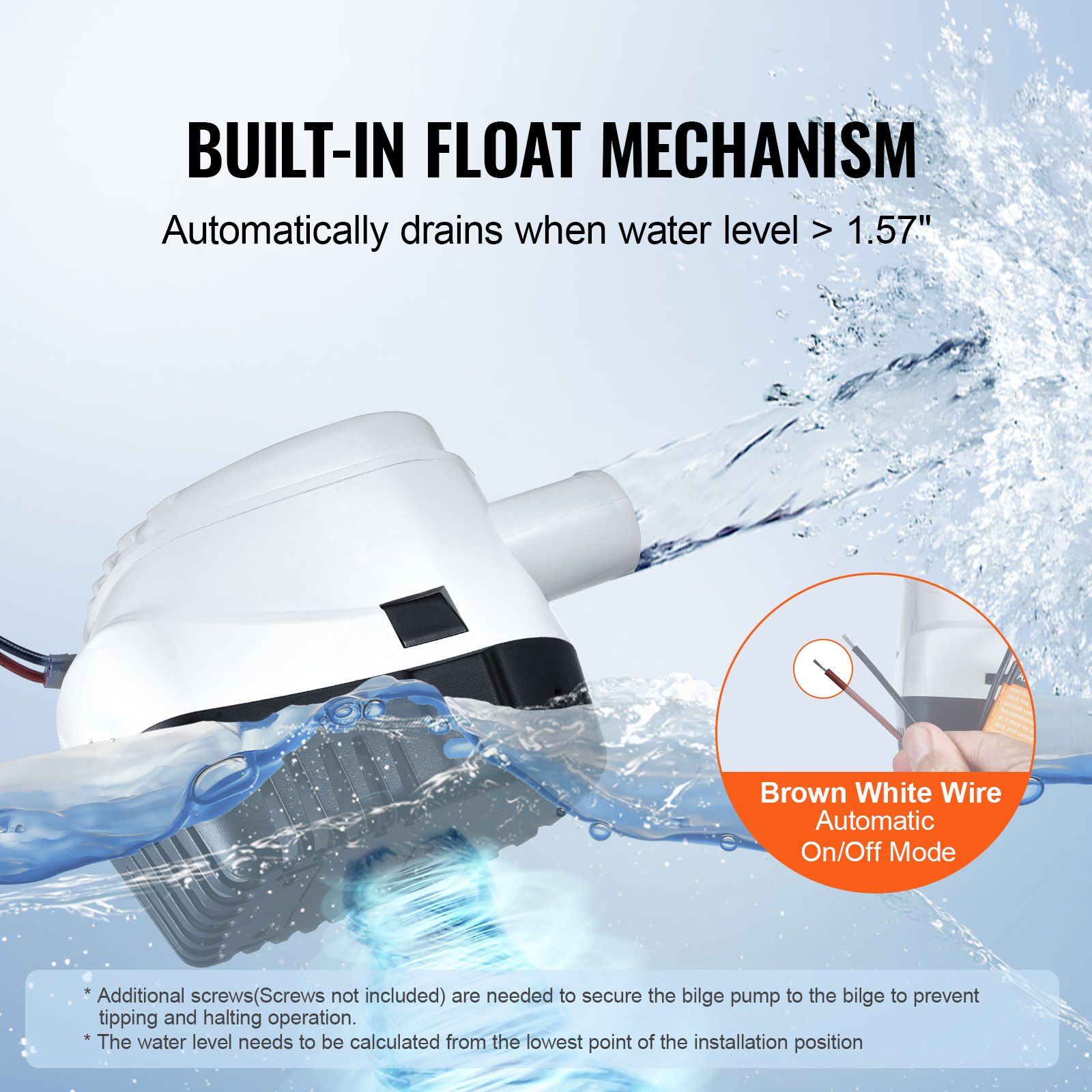 VEVOR Bilge Pump, 1100GPH 12V Automatic Submersible Boat Bilge Water ...