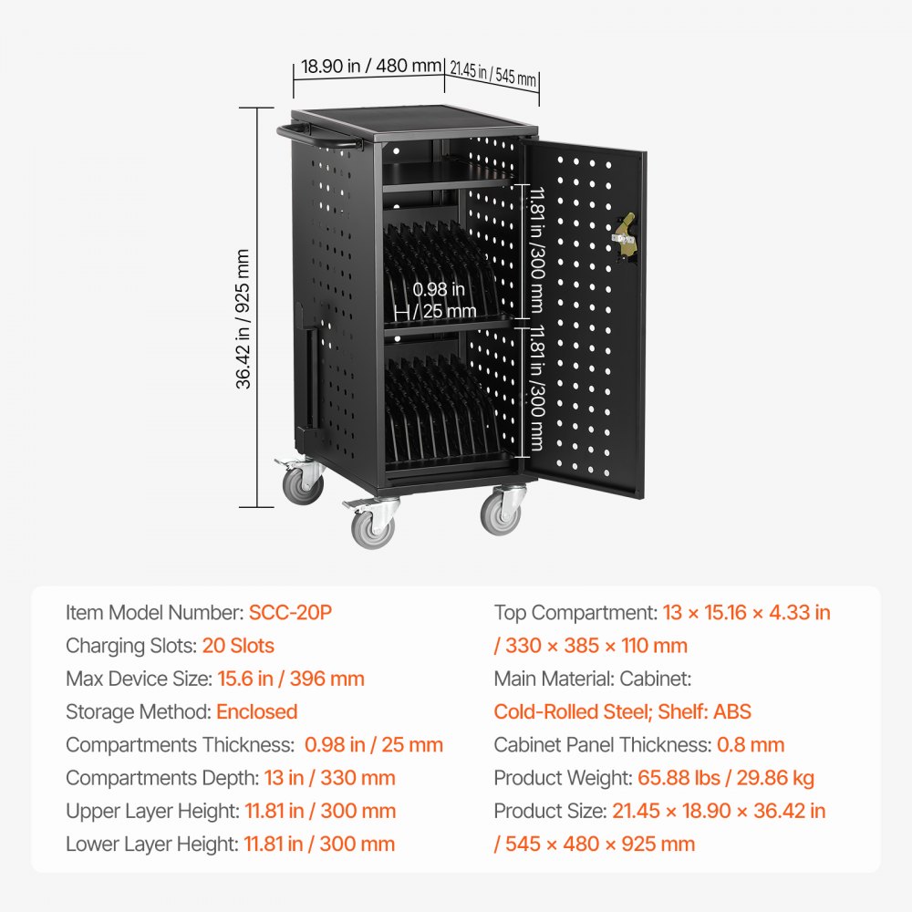 VEVOR Laptop Cart, 20 Device Mobile Charging Cart, Up to 15.6 in Screen ...