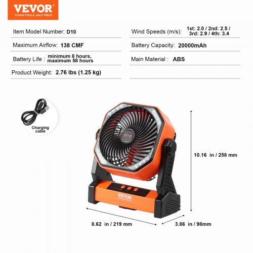 VEVOR Portable Fan Rechargeable 8 inch, Battery Powered Fan with LED ...