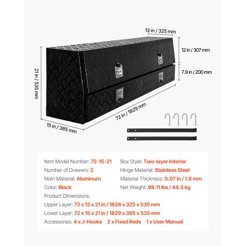 Contractor Truck Tool Box Black Aluminum 72 x 21 x 13 in with Lower ...