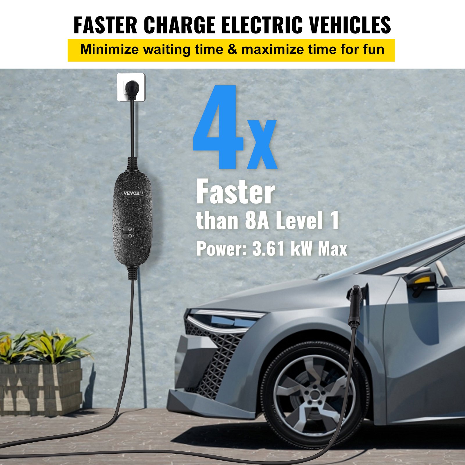 VEVOR Level 1+2 EV Charger, 15 Amp 110-240V, Portable Electric Vehicle ...