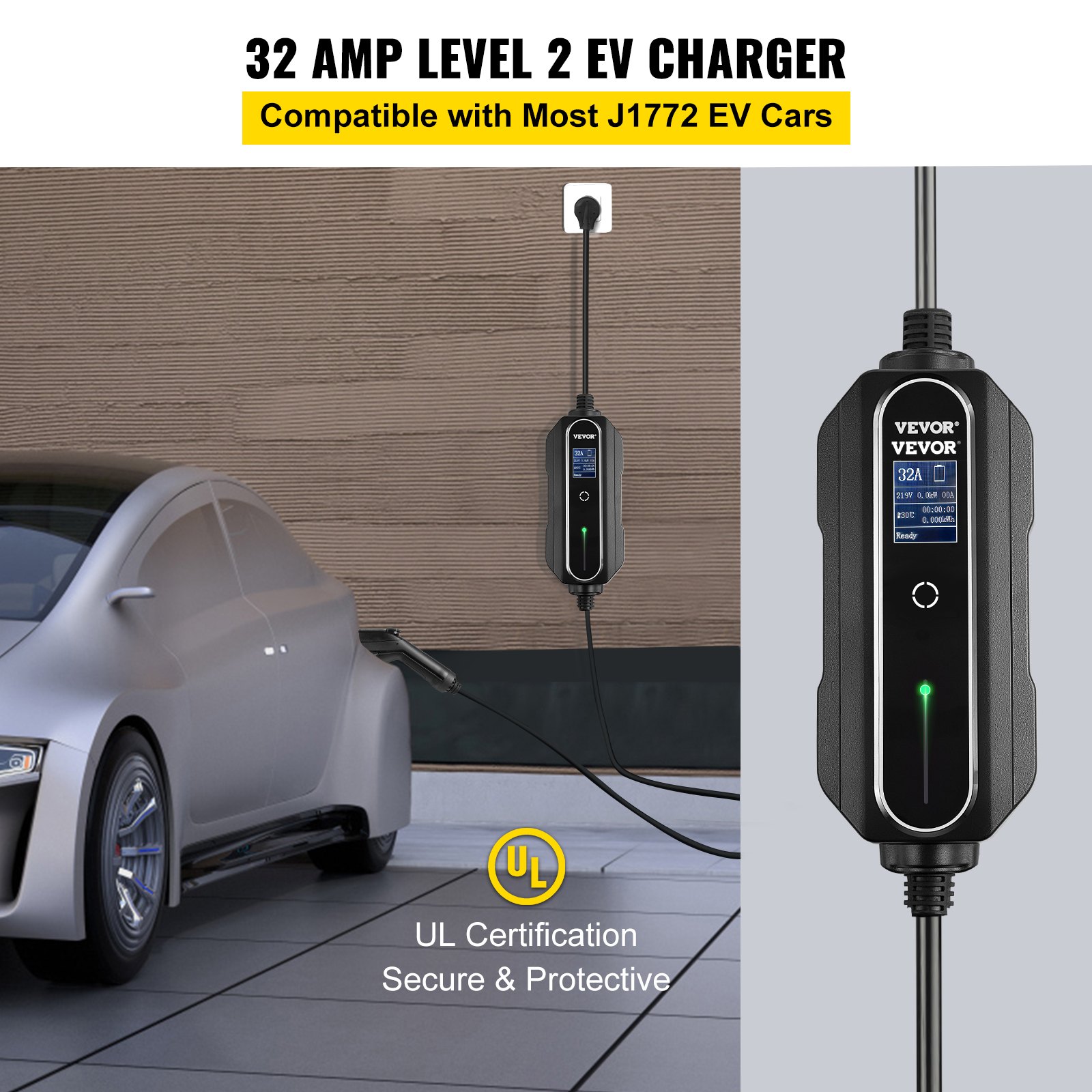 VEVOR Level 2 EV Charger, 32 Amp 110-240V, Portable Electric Vehicle Charger with 25 ft J1772 ...