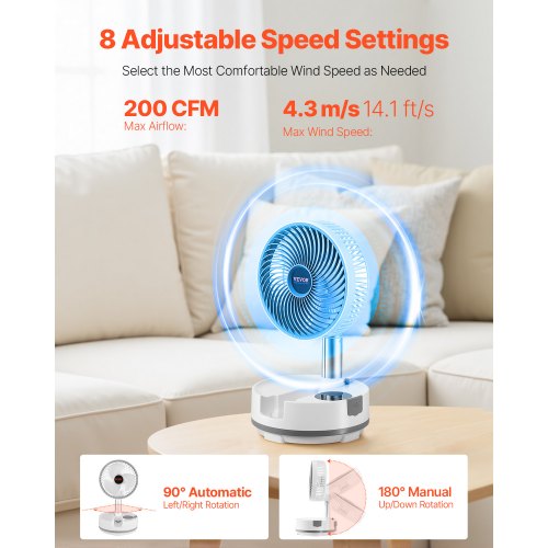 8 inch Foldable Rechargeable Oscillating Fan 3 in 1 Remote 8 Speeds ...