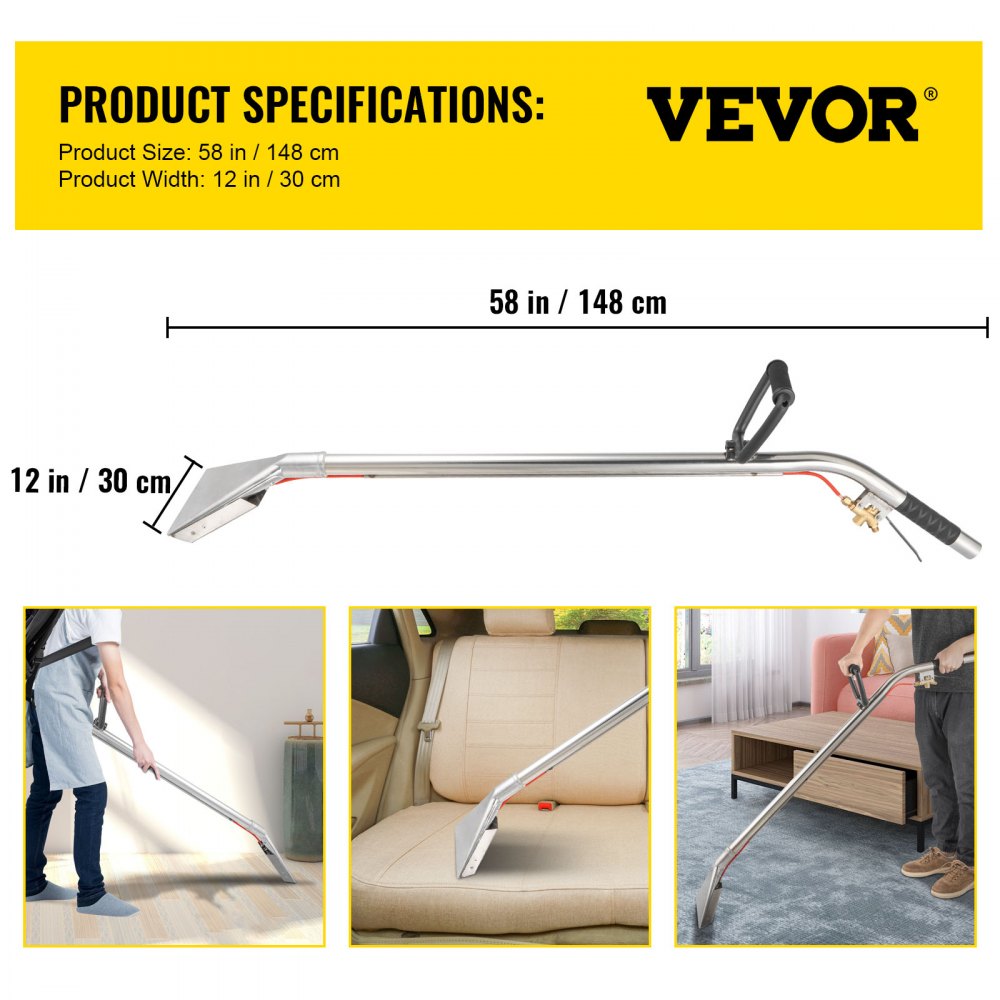 VEVOR Extractor Wand, 12" 2-Jet Upholstery Wand, Stainless Steel Carpet ...