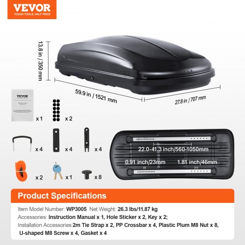 VEVOR Rooftop Cargo Carrier, 220 L Roof Cargo Box, ABS Hard Shell Roof ...