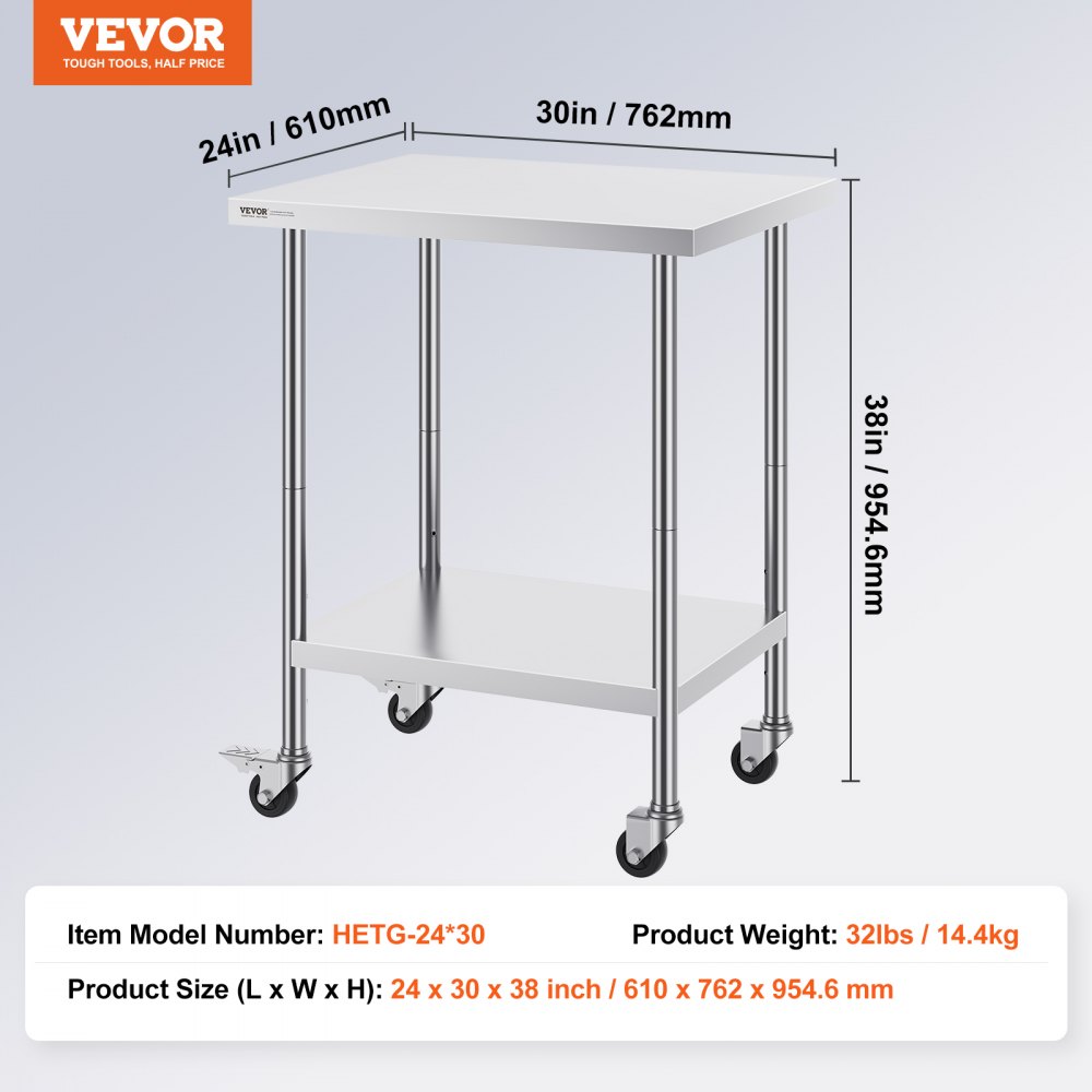 VEVOR Stainless Steel Work Table 24 x 30 x 38 Inch, with 4 Wheels, 3 ...