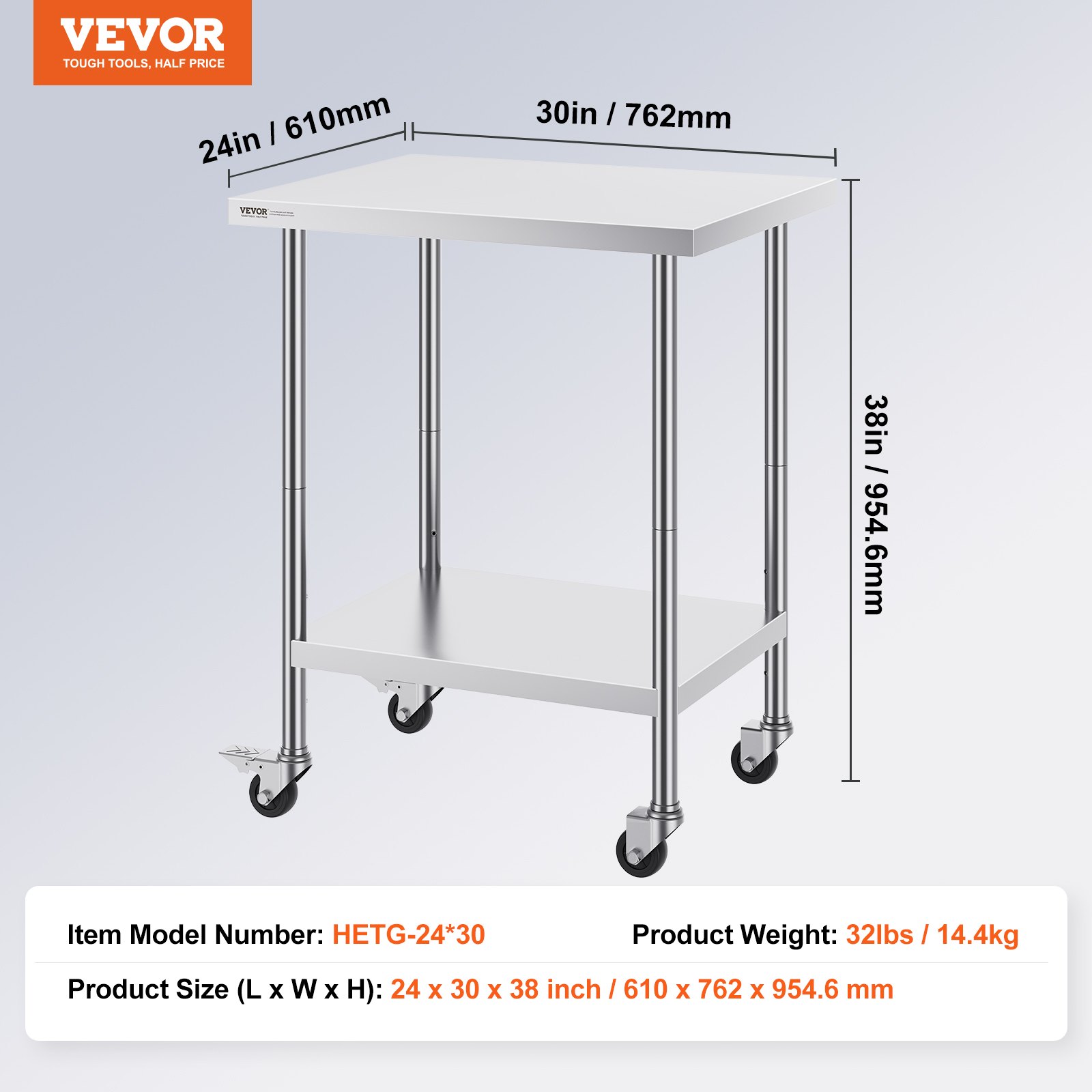 VEVOR Stainless Steel Work Table 24 x 30 x 38 Inch, with 4 Wheels, 3 ...