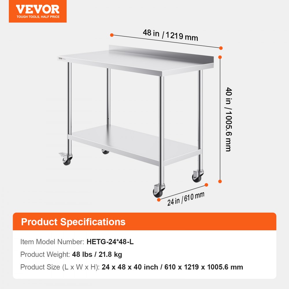 VEVOR 24 x 48 x 40 Inch Stainless Steel Work Table, Commercial Food ...
