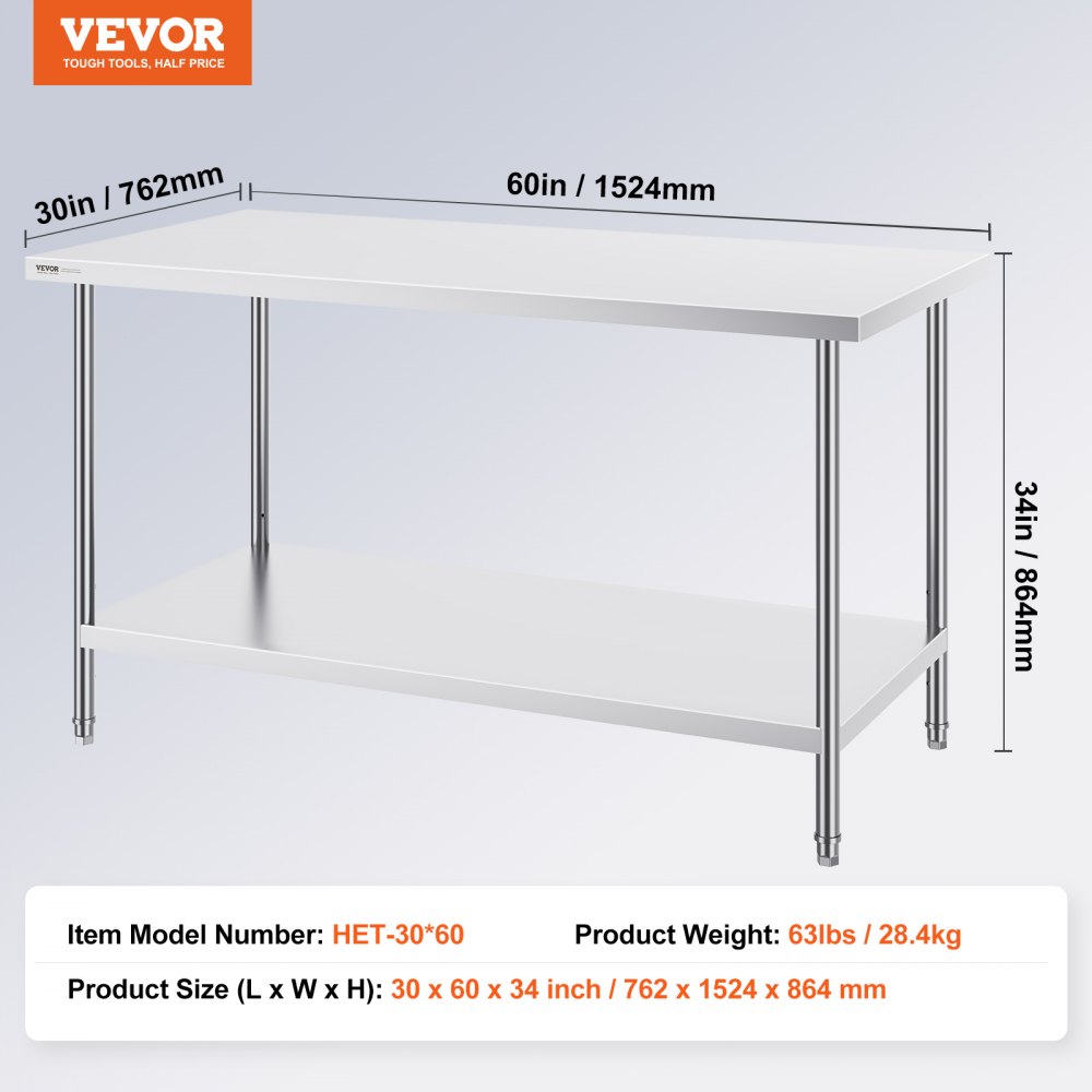 VEVOR Stainless Steel Prep Table, 30 x 60 x 34 Inch, Heavy Duty Metal ...