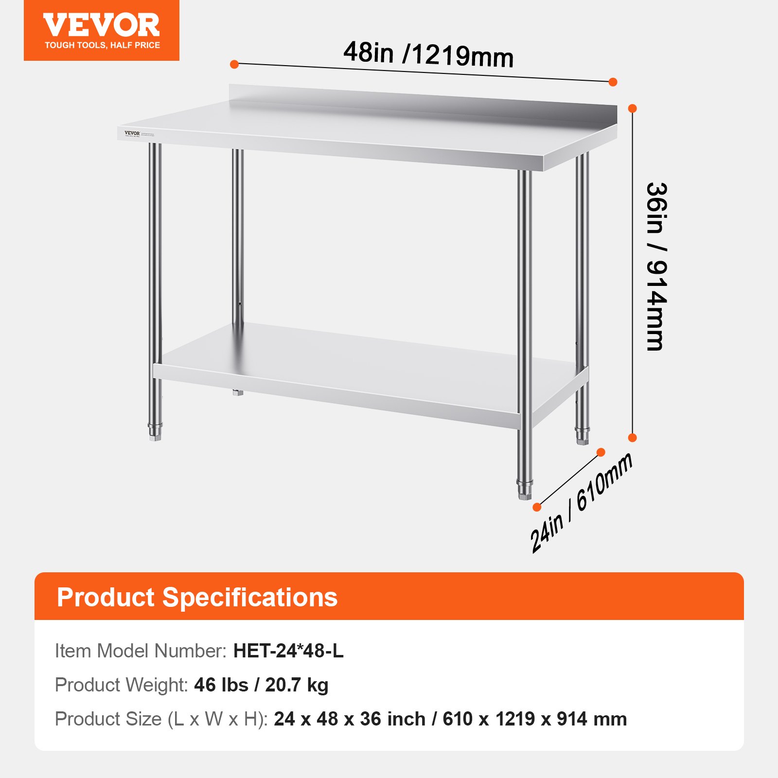 VEVOR 24 x 48 x 36 Inch Stainless Steel Work Table, Commercial Food ...