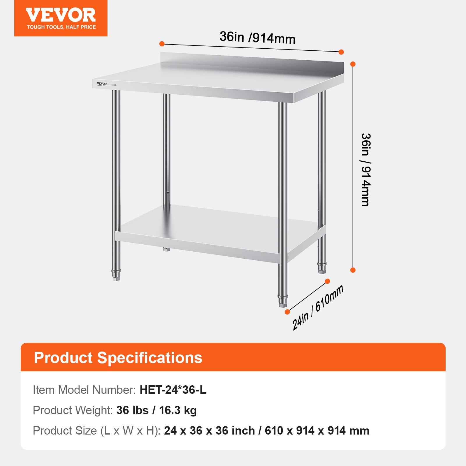 VEVOR 24 x 36 x 36 Inch Stainless Steel Work Table, Commercial Food ...