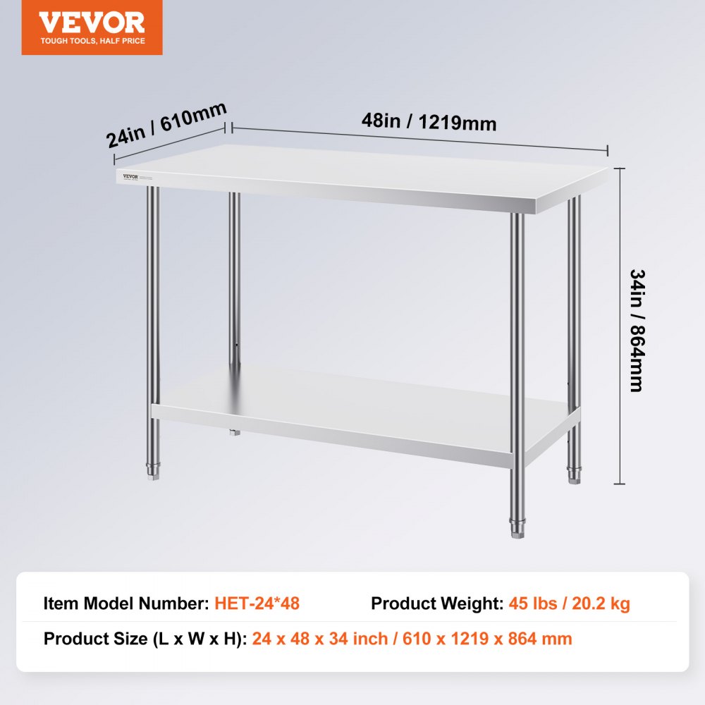 VEVOR Stainless Steel Prep Table, 24 x 48 x 34 Inch, Heavy Duty Metal ...