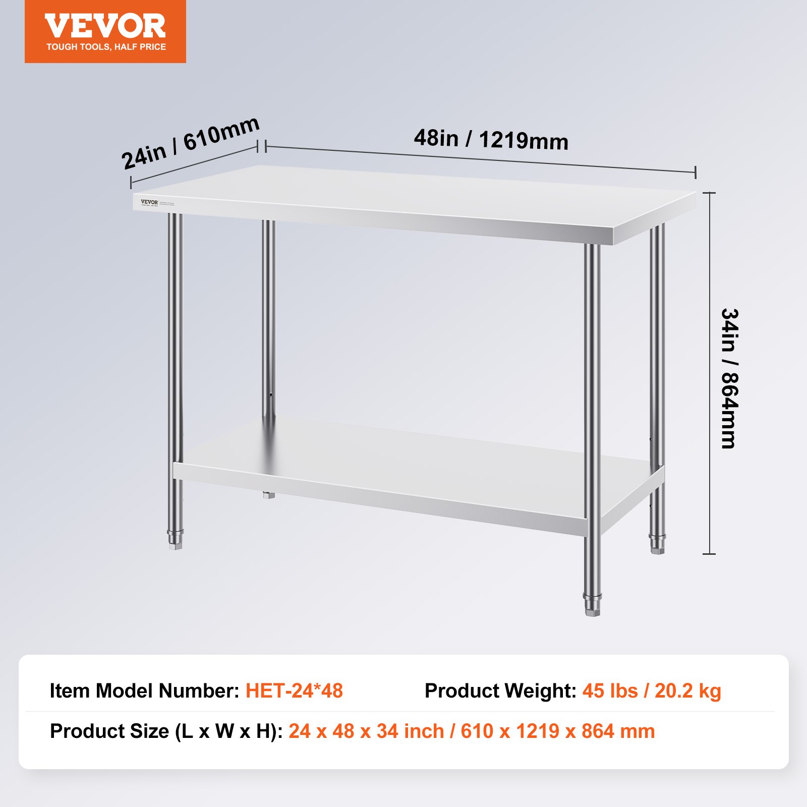 VEVOR Stainless Steel Prep Table, 24 x 48 x 34 Inch, Heavy Duty Metal ...