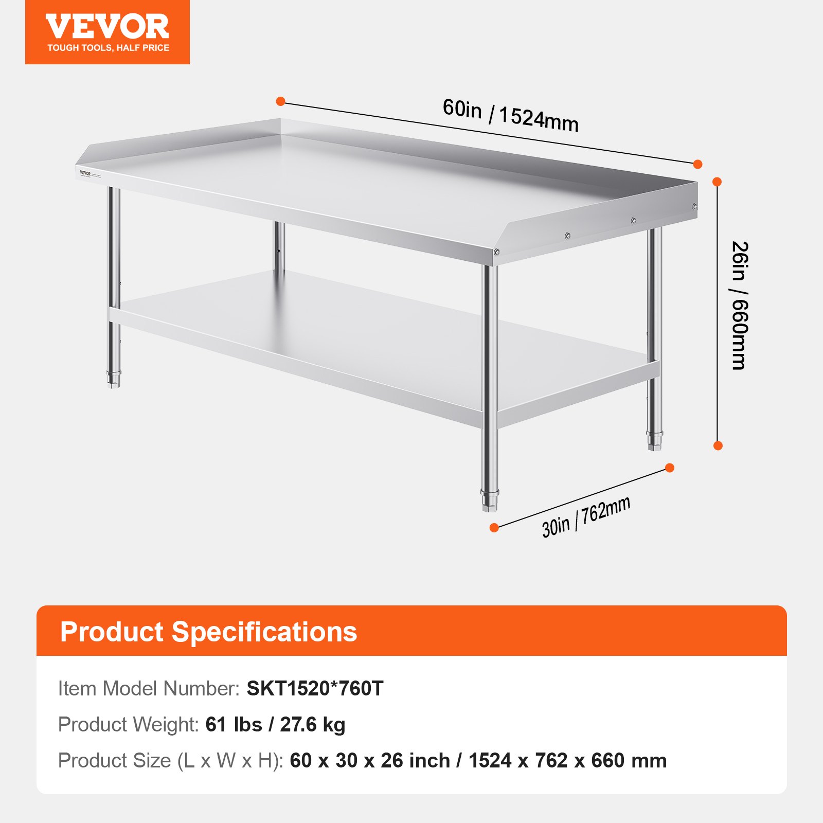 VEVOR Stainless Steel Work Table, 30 x 60 x 26 Inch Commercial Food ...