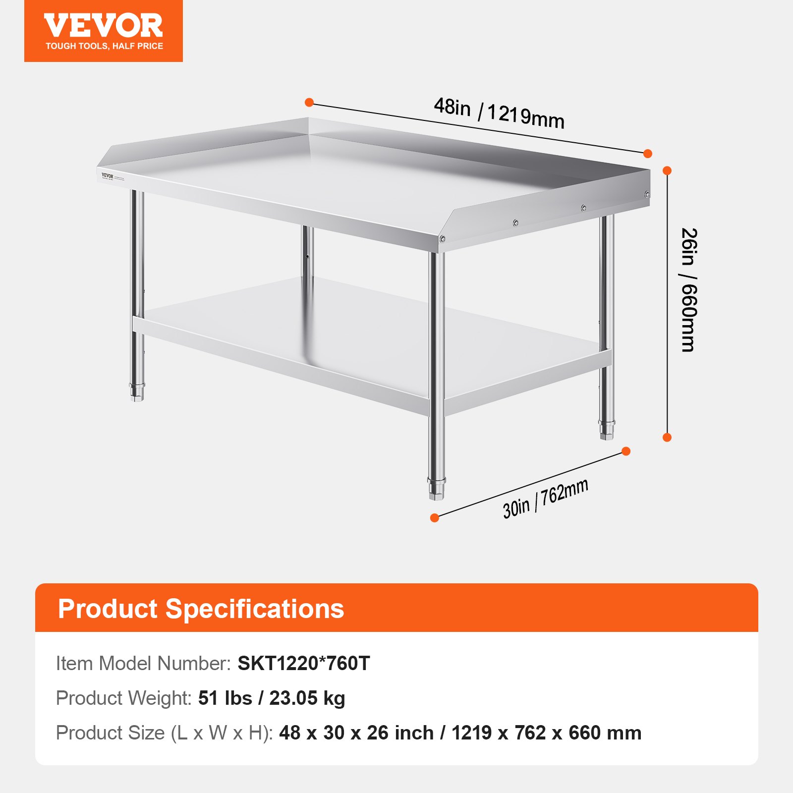 VEVOR Stainless Steel Work Table, 30 x 48 x 26 Inch Commercial Food ...