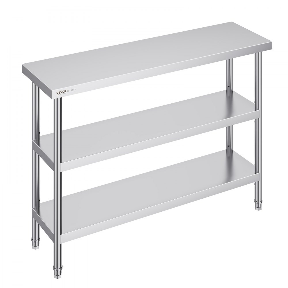 VEVOR Stainless Steel Food Prep Table 14 x 48 x 34 Inch Commercial Kitchen Worktable with 2 Adjustable Undershelf Heavy Duty Prep Table Metal Work