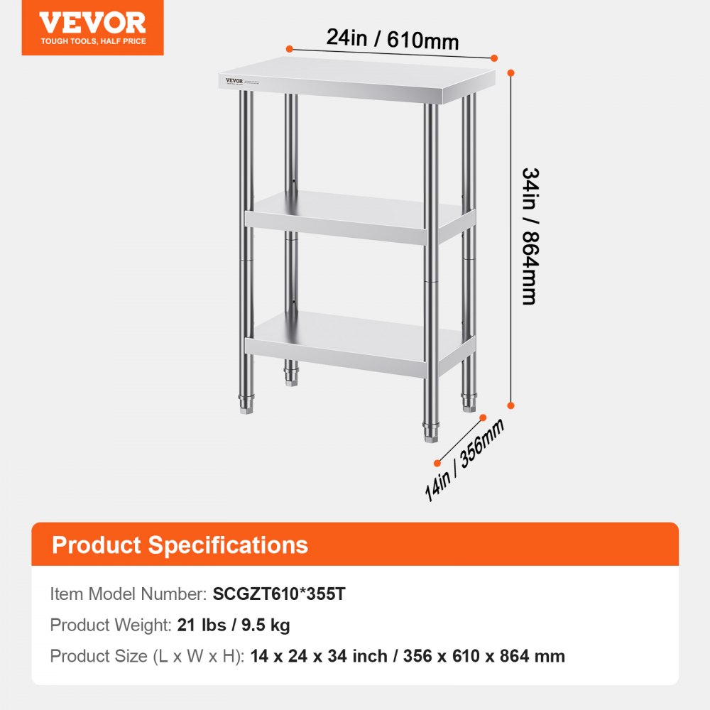 VEVOR Stainless Steel Food Prep Table, 14 x 24 x 34 Inch Commercial ...
