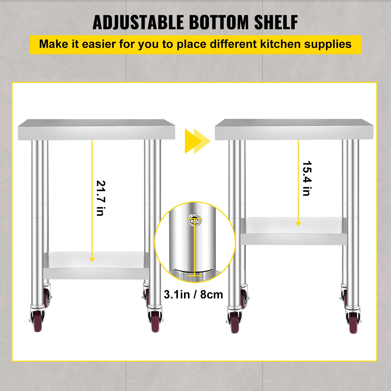 VEVOR 24x18x34 Inch Stainless Steel Work Table 3-Stage Adjustable Shelf ...
