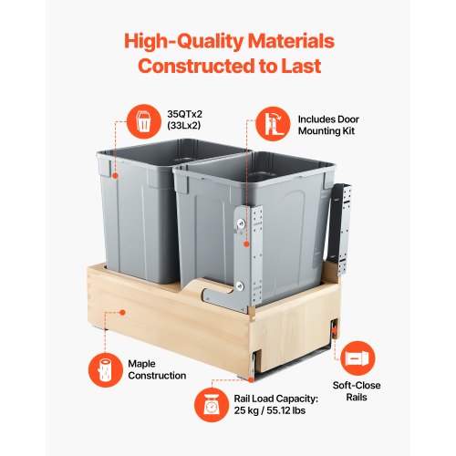Double 35QTx2 Pullout Waste Container Under Cabinet Kitchen Bin Trash ...