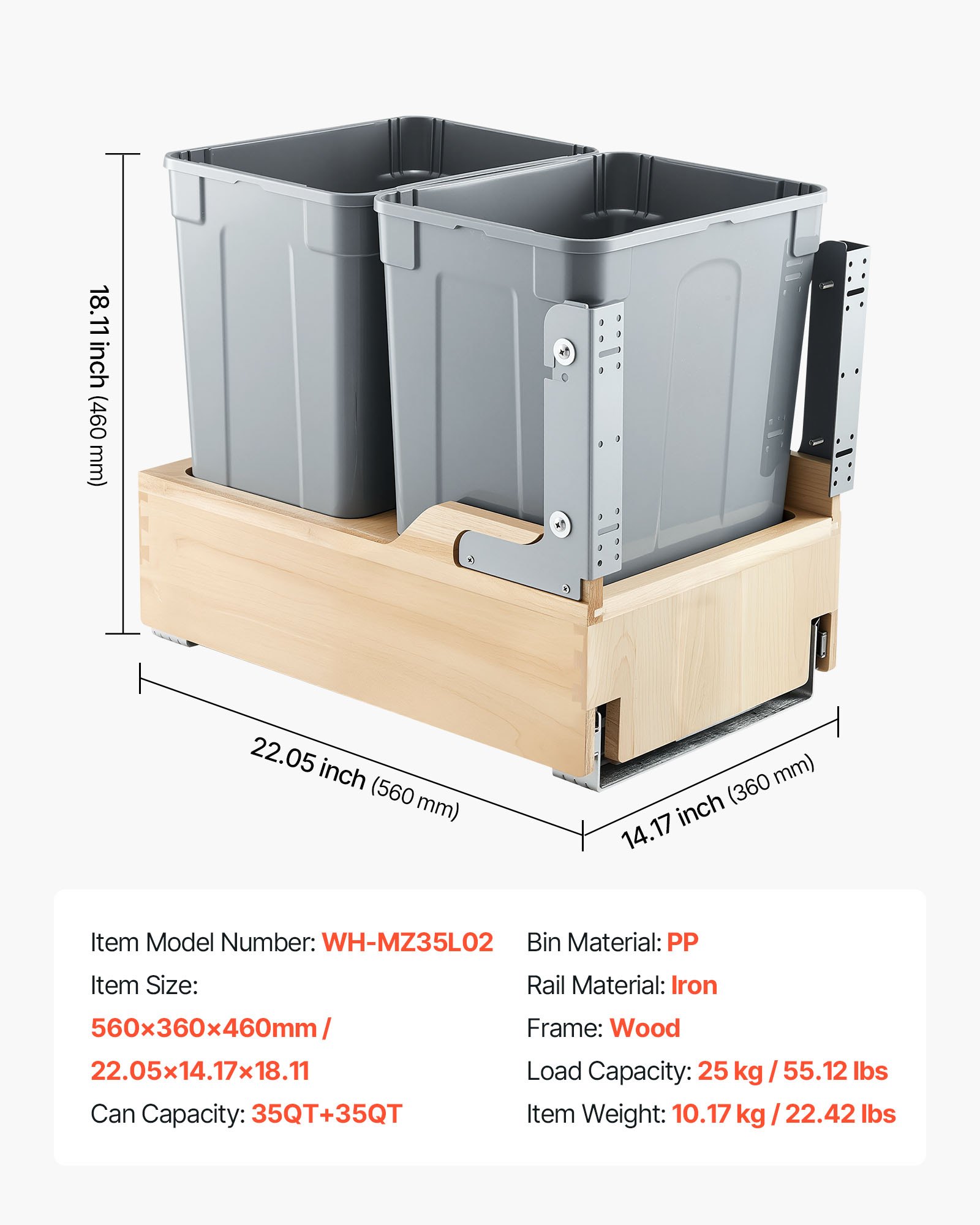 VEVOR Wood Pullout Trash Can for Kitchen Cabinets, 35 QT x2 Double ...